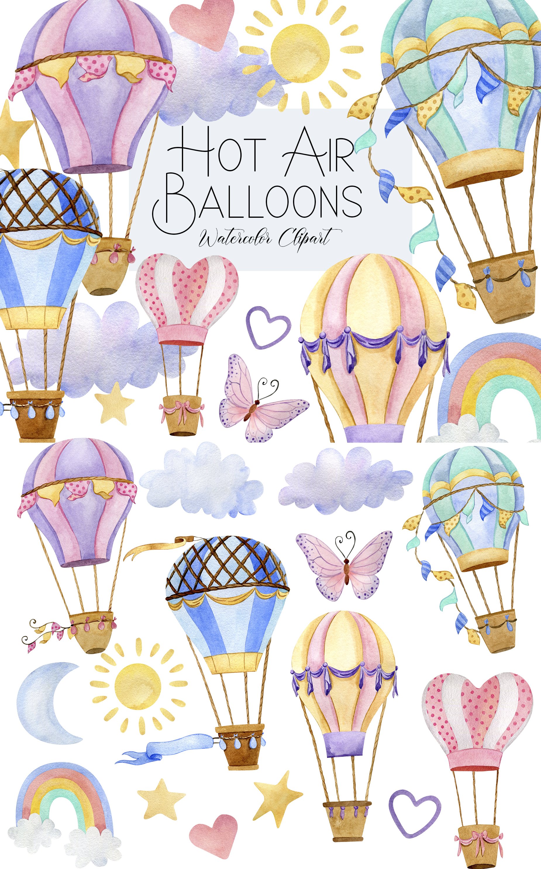 Hot air balloon watercolor clipart png, nursery decor