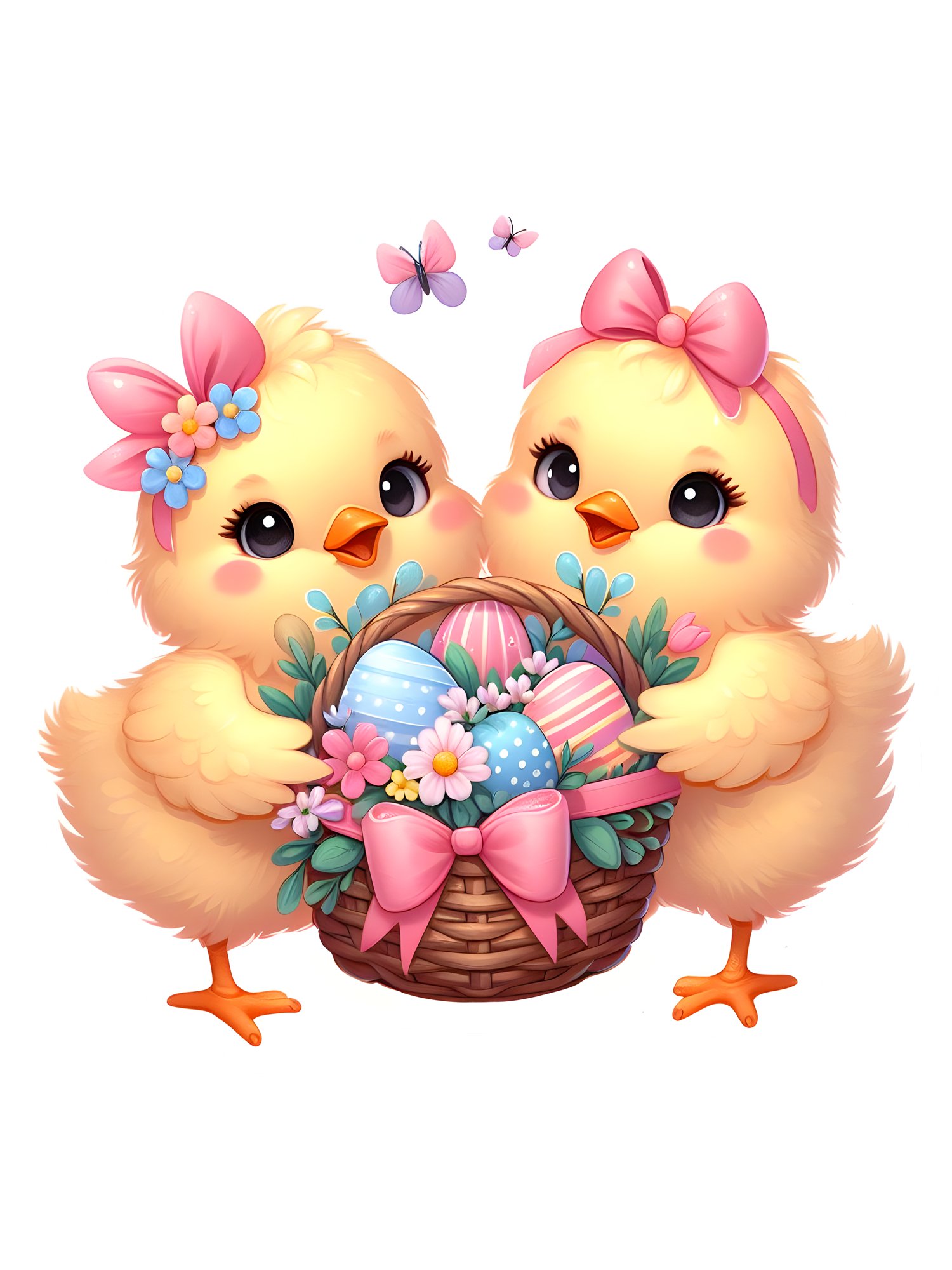 Cute Chickens with Easter Basket, Clipart for Sticker, Png