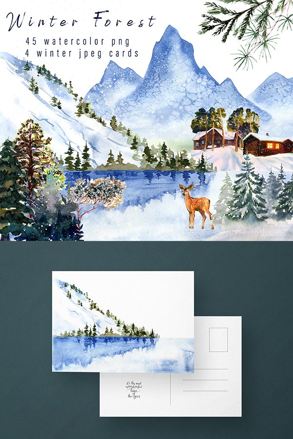 Winter Landscape Clipart, Watercolor Forest (966622)