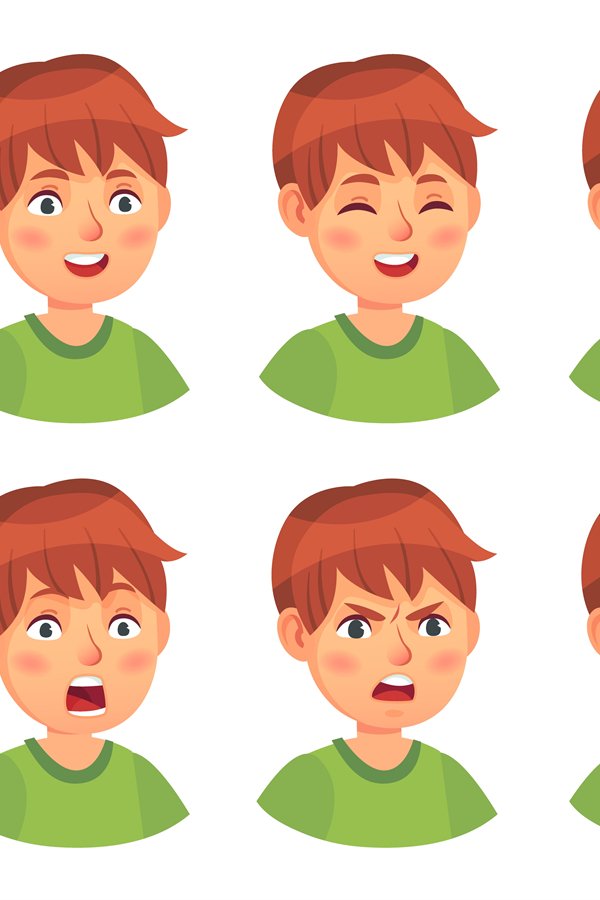 Boy emotions set, happy cry and angry