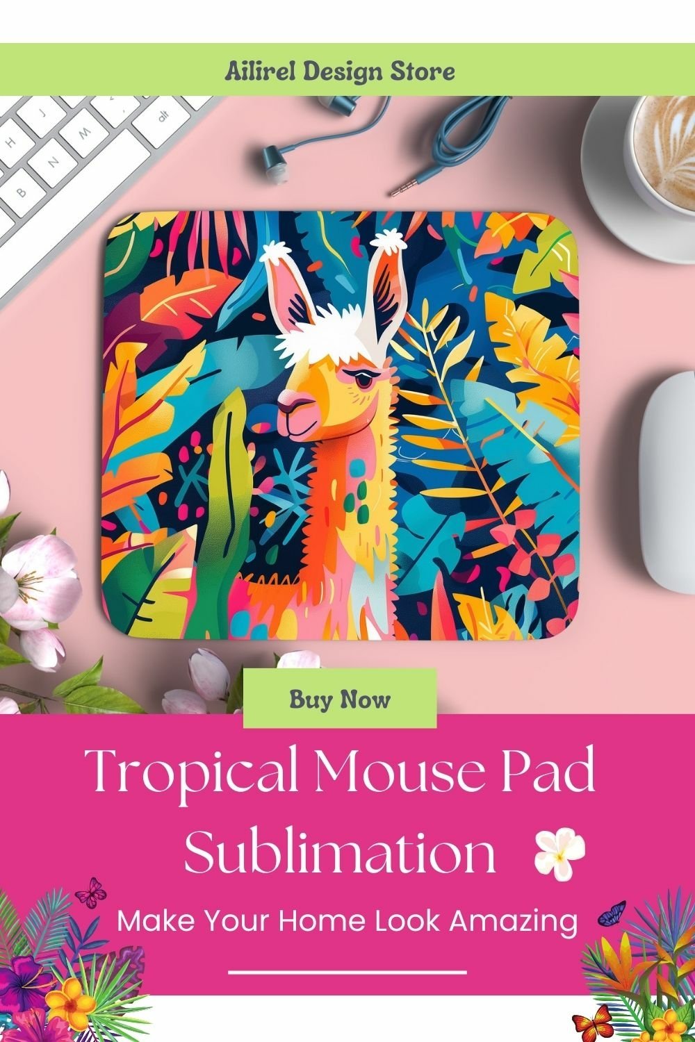 Colorful Lama Mouse Pad Wrap, Tropical Leaves (3578110)