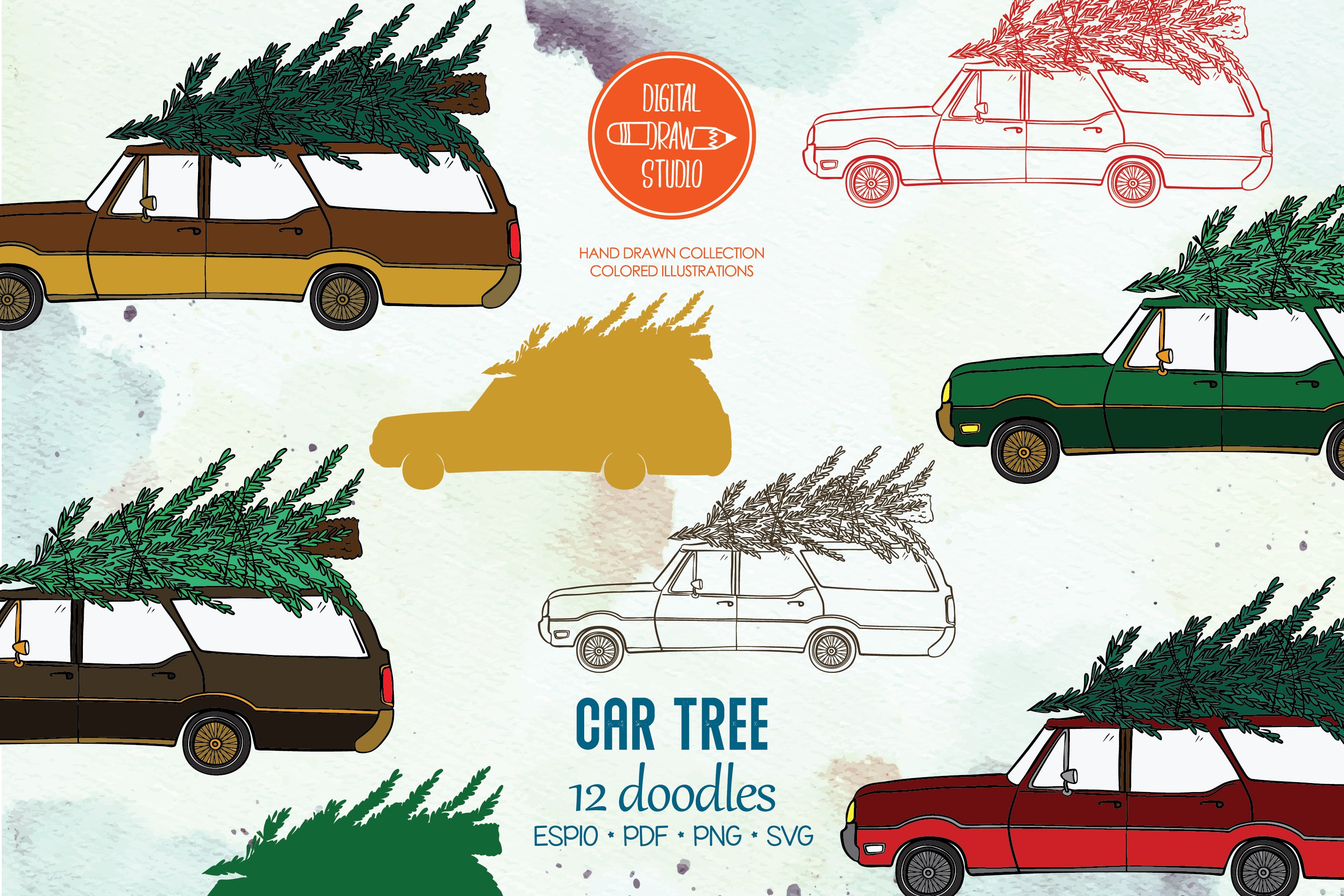 Color Station Wagon Car Christmas | Tree on Roof (719208)