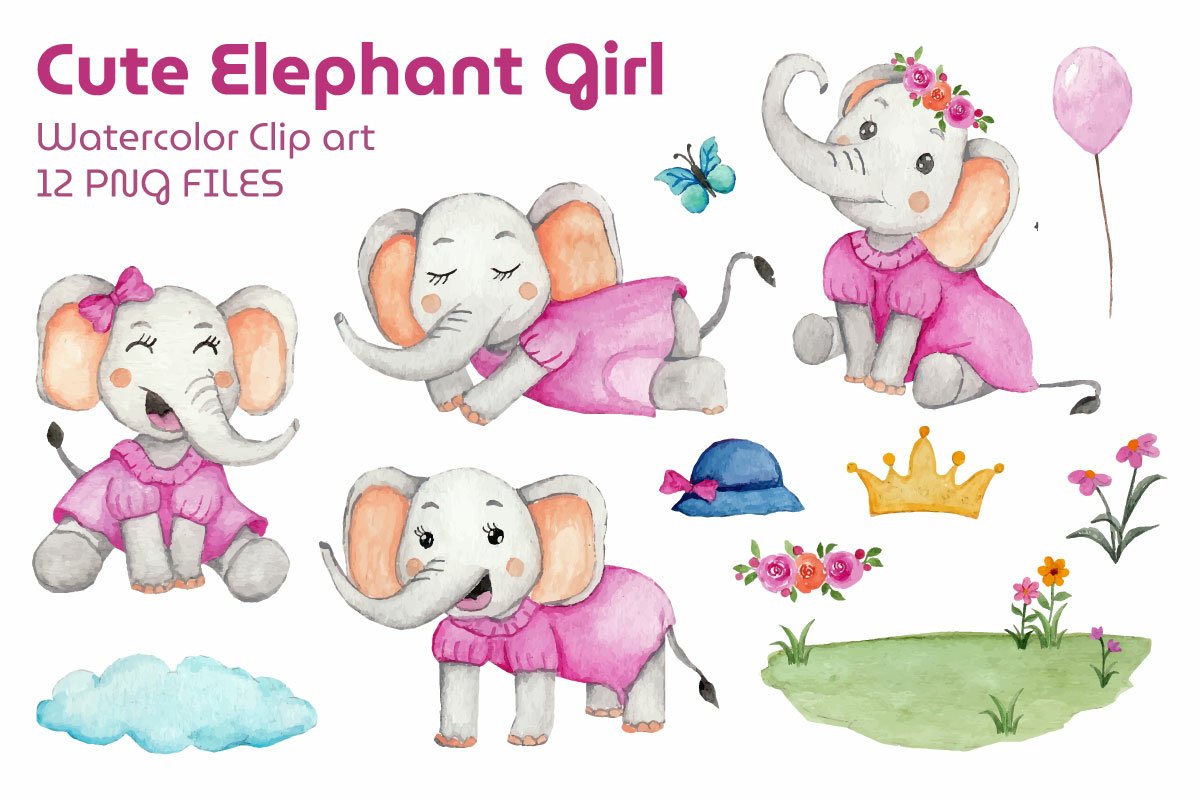 Set of Girl Elephant Watercolor Clipart