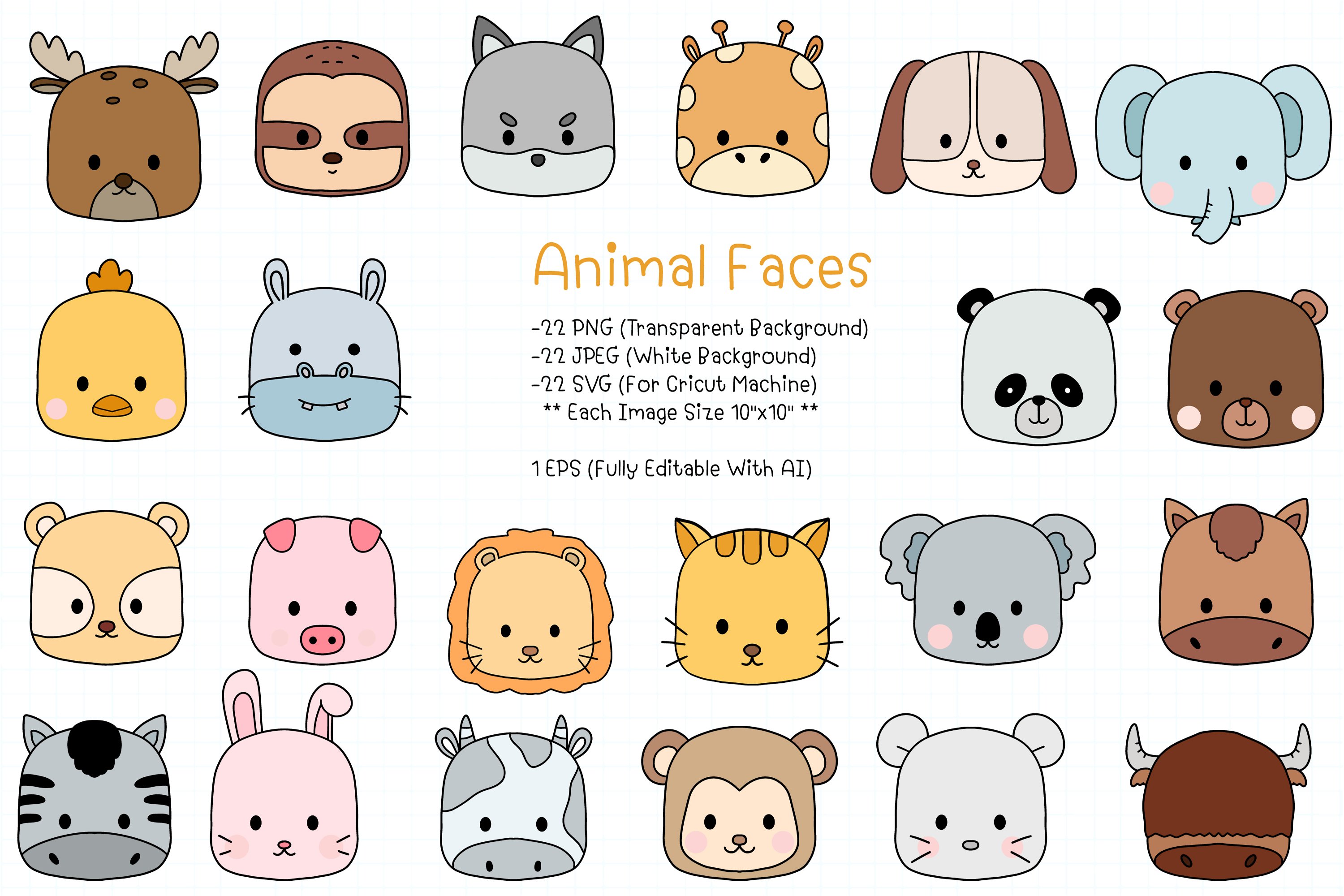 Cute Animal Face Clipart SVG, PNG, JPEG