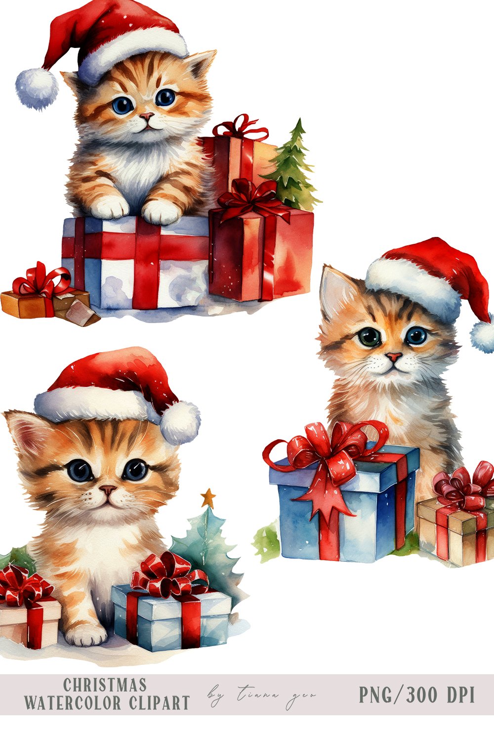 Cute watercolor Christmas catcat with gift boxes clipart