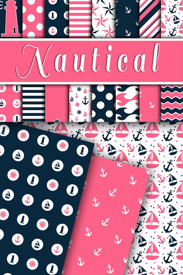 Pink and Navy Blue Nautical Designs Digital Paper
