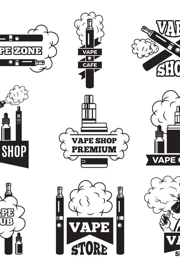 Badges and labels with illustrations of vapor from electric