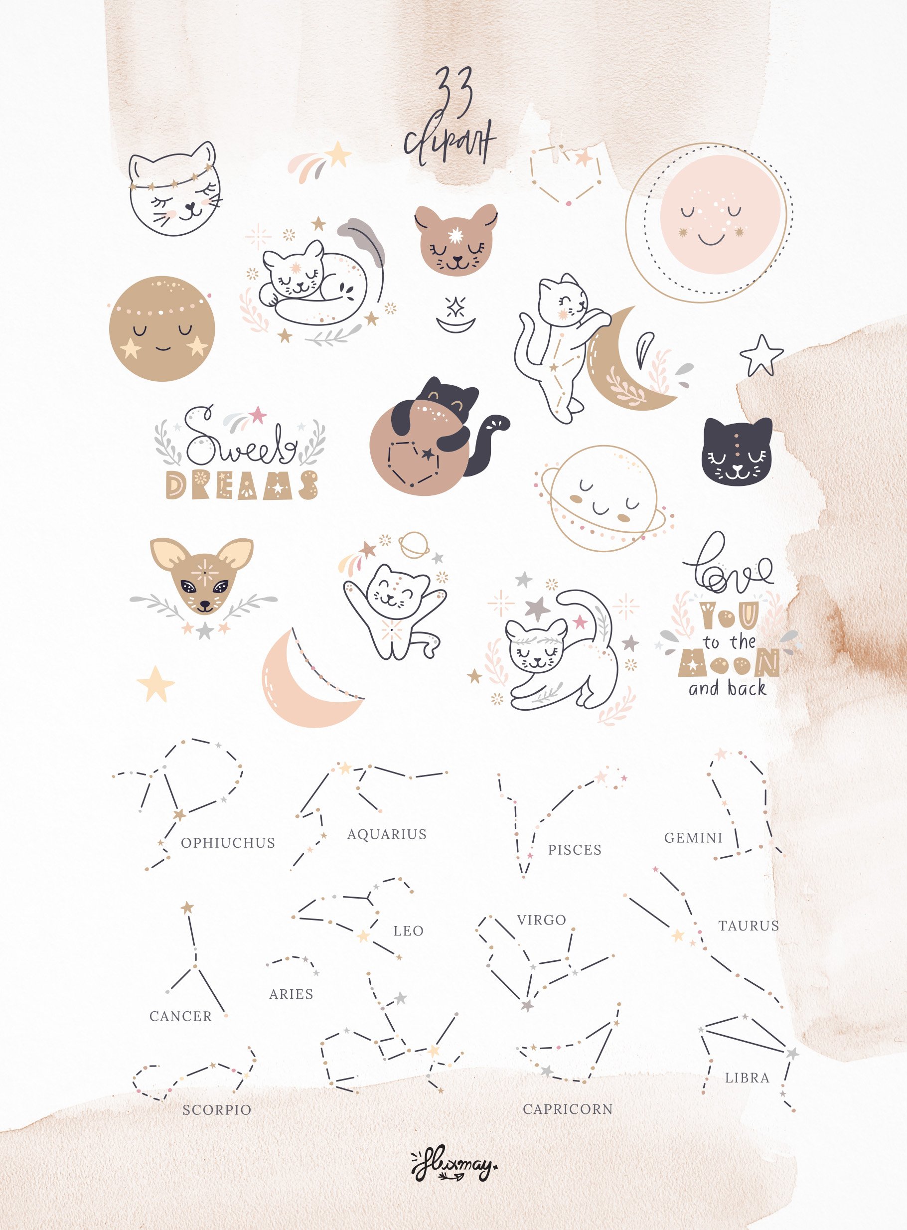 Cute little boho celestial cats graphic bundle