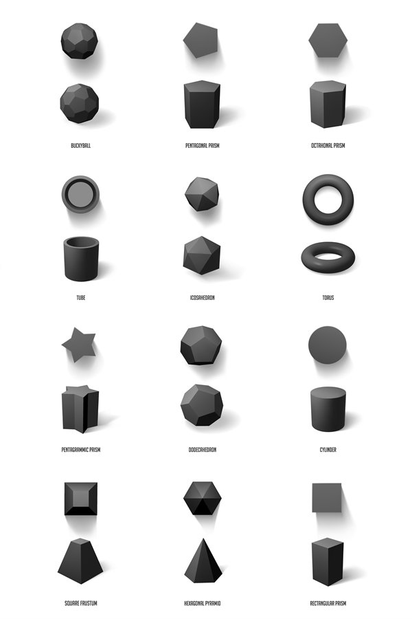 Realistic geometric 3D shapes. Basic geometric polygonal