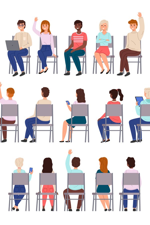 Sitting people. Young men and women sit chairs in row collec