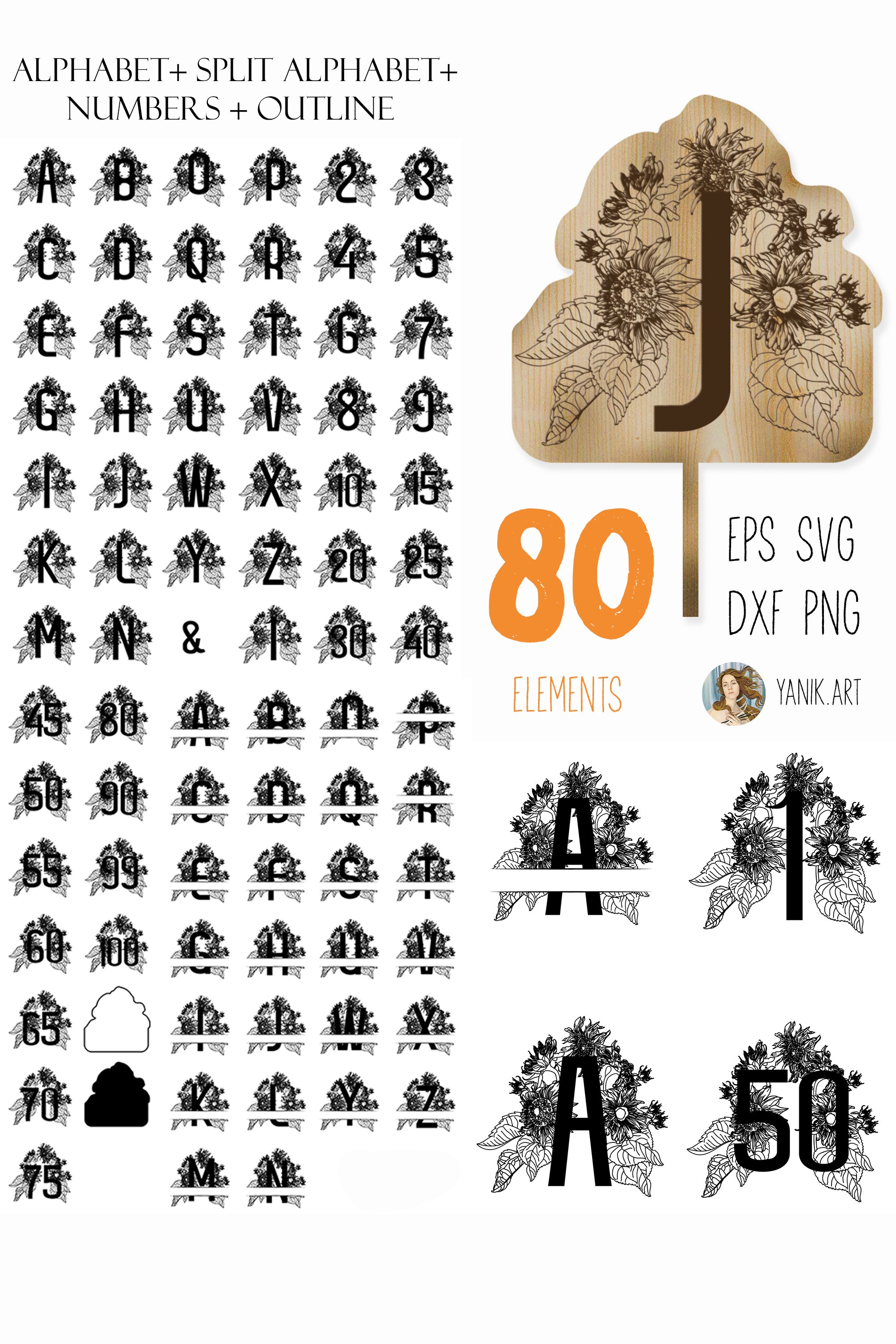 Sunflower Alphabet and sunflower numbers svg, png