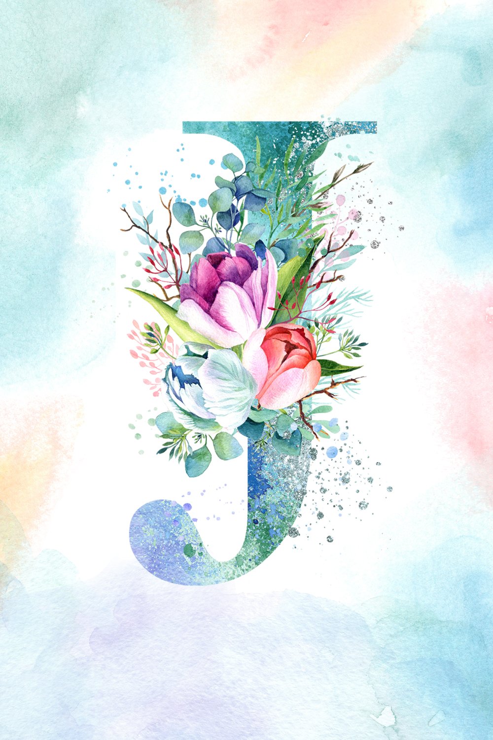 Spring Watercolor Letter. Monogram J. Sublimation Design.