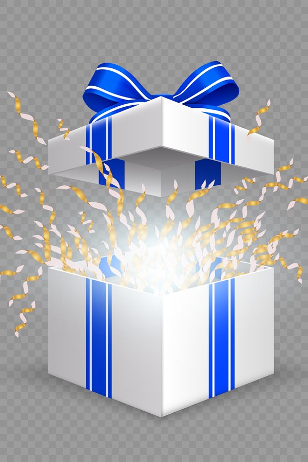 Surprise box. Opening gift box with blue silk ribbon bow. Ve