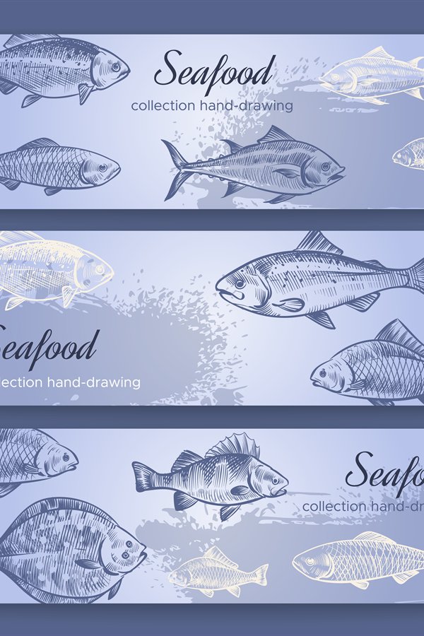 Seafood flyers. Vintage mediterranean fish food poster, sea