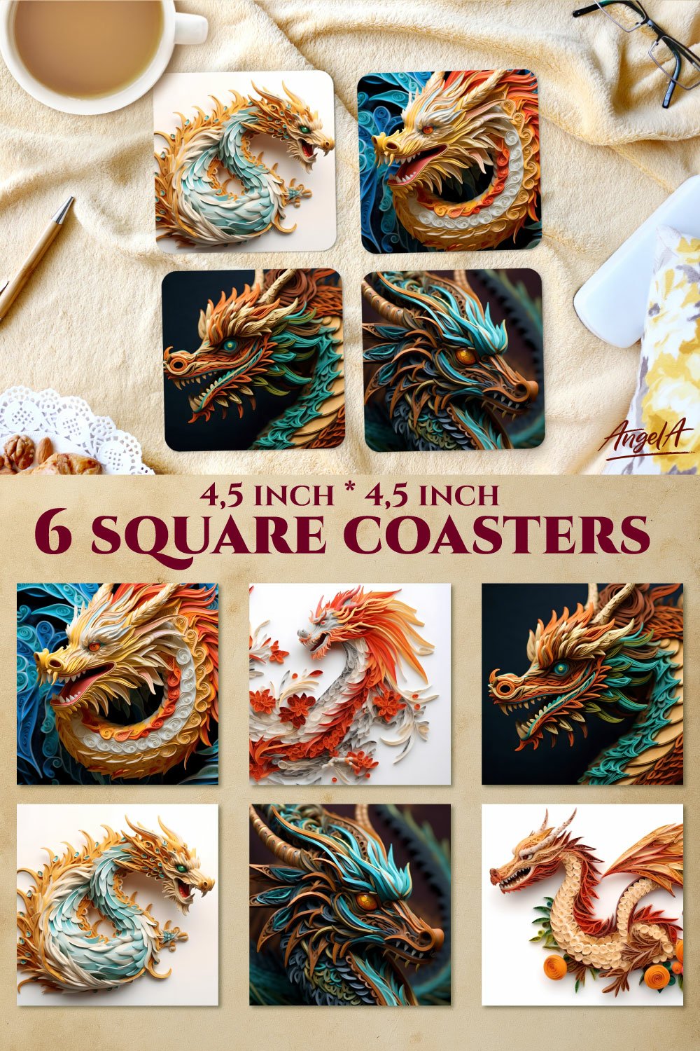 Coaster bundle sublimation / 3d dragon sublimation PNG