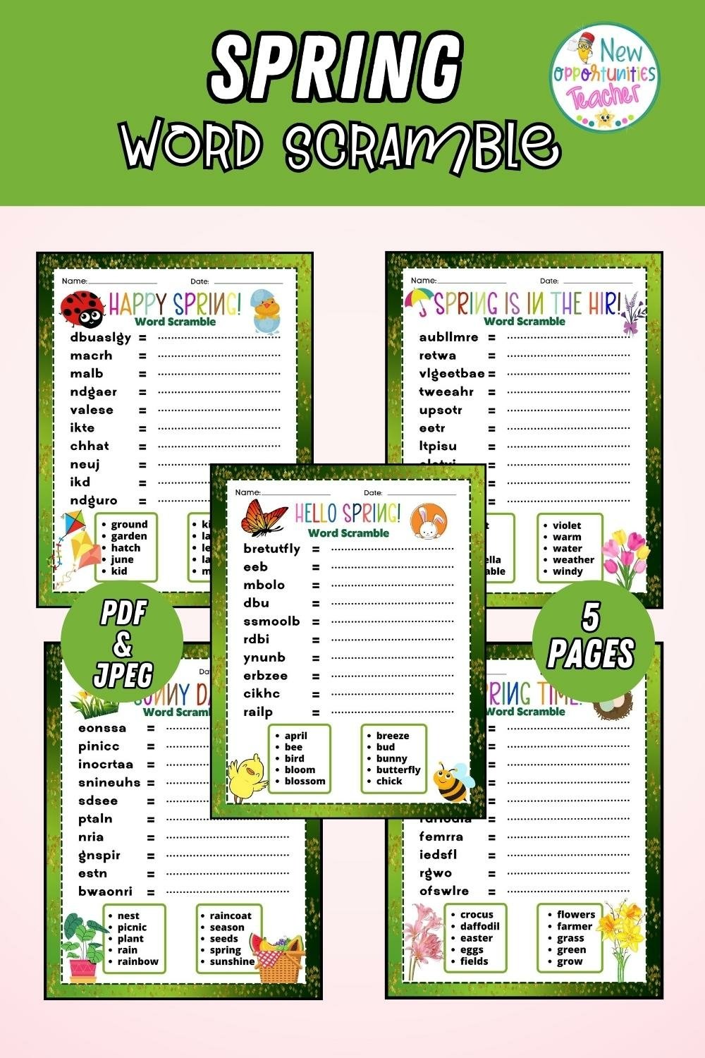 Printable Spring Word Scramble Worksheets 50 Words