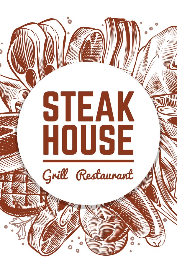 Steak house grill restaurant menu banner with hand drawn mea