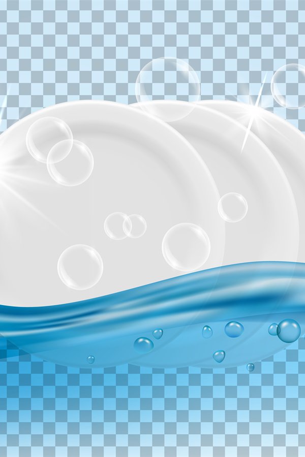 Clean dishes. White plates, water and soap bubbles vector il