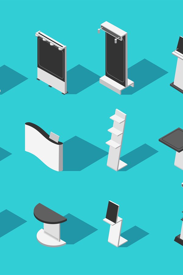 Isometric 3d demonstration booth stands for exhibition isola