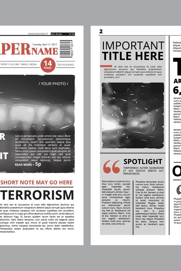 Newspaper front page with several columns and photos. Vector