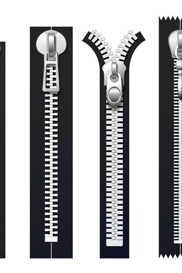 Clothing fasteners, metal zippers isolated vector set