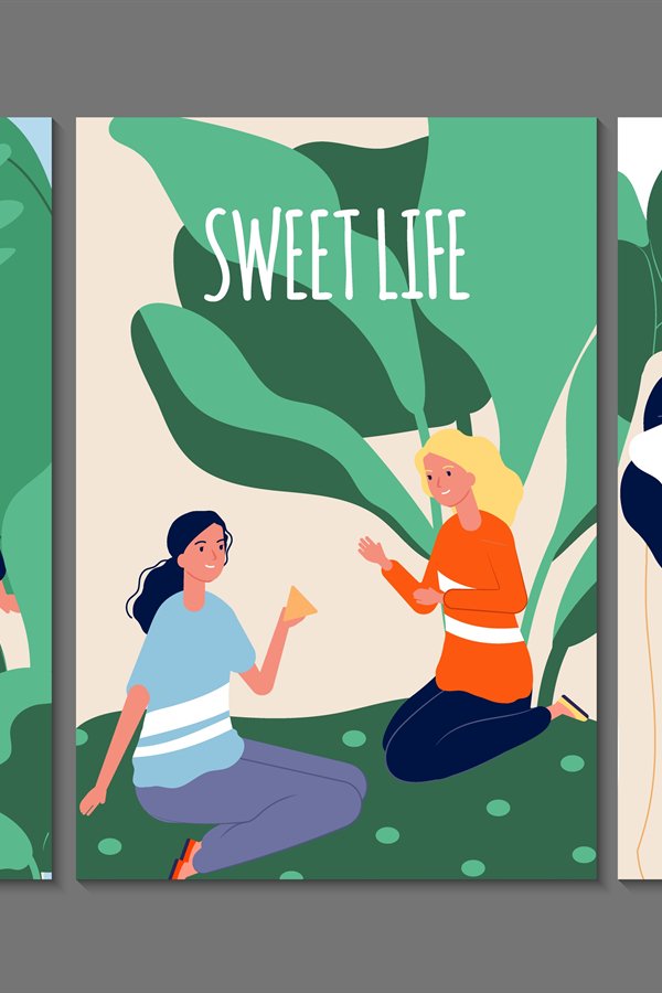 Relax time cards. Happy people relaxing on nature. Flat vect