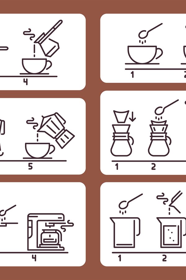Brewing coffee instruction. Preparing hot beverage guideline