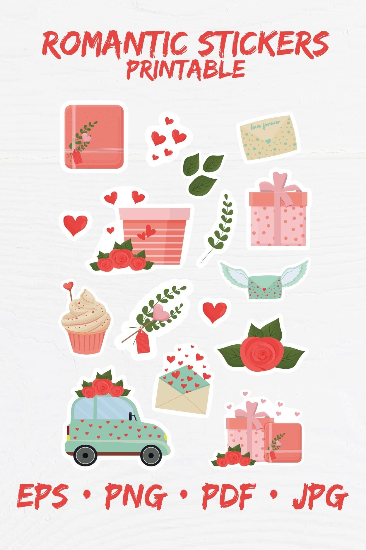 Romantic Printable Sticker collection PNG, PDF