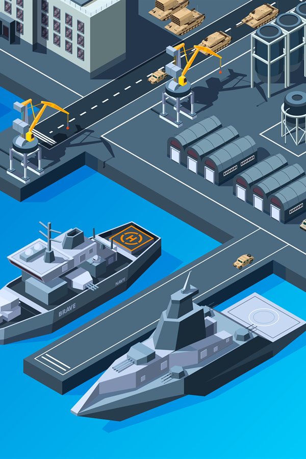 Warships on the pier. American navy isometric pictures set
