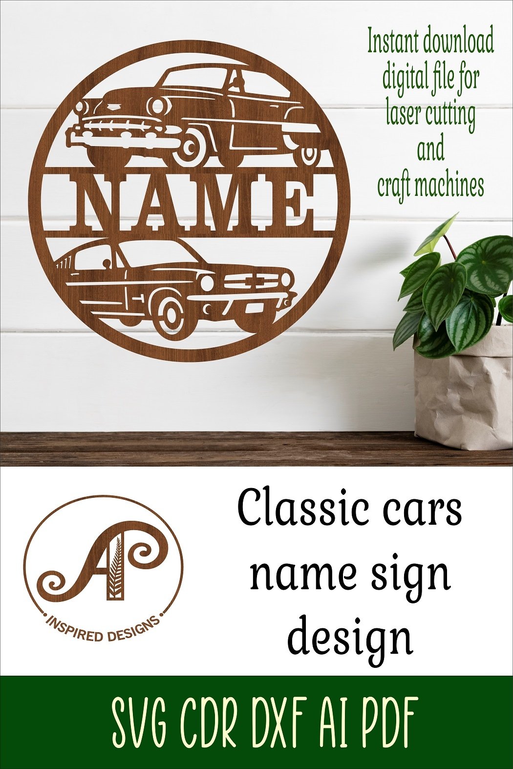 Classic cars name sign svg laser cut template