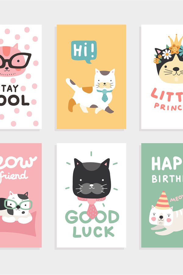 Cats cards. Cute kittens, cool and smart funny pets. Little