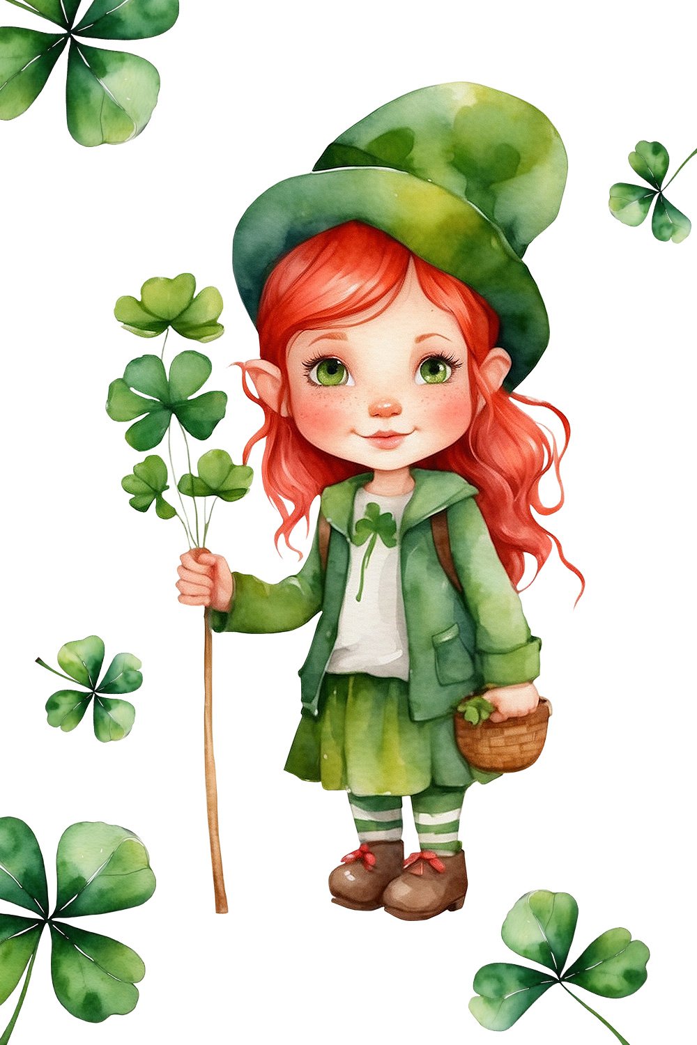 Saint Patricks Day watercolor clipart. Red hair fairy, irish