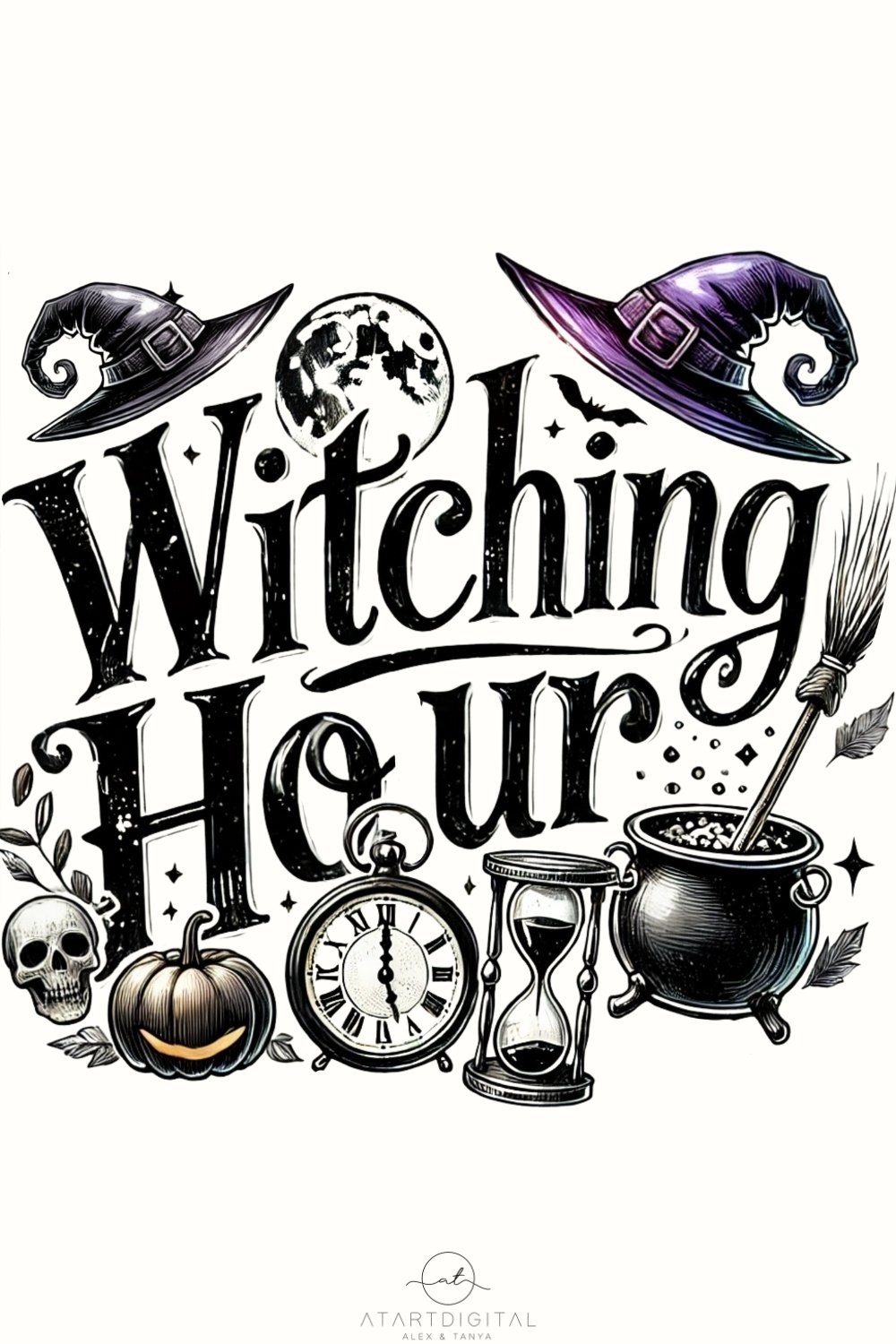 Witching Hour, Retro Halloween PNG for Printable Art