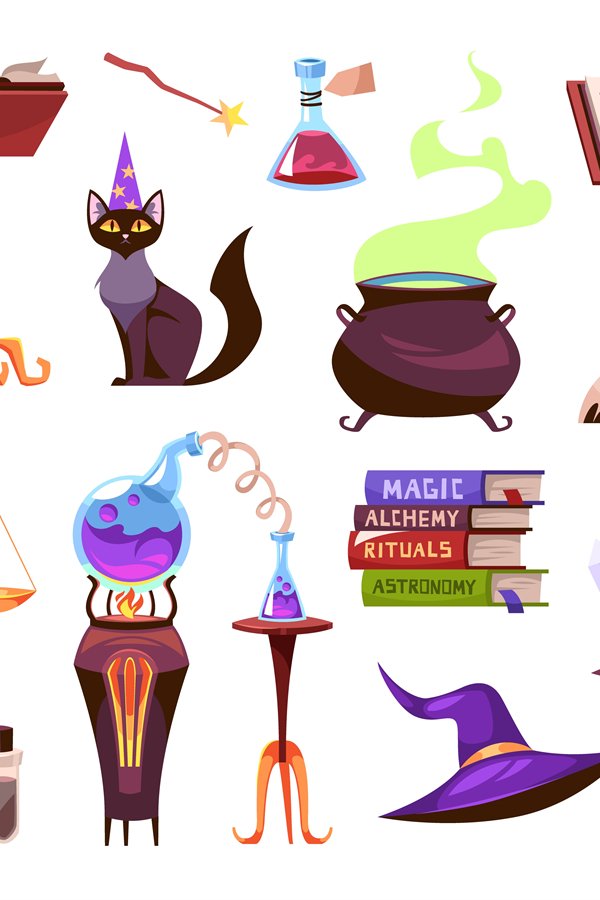 Magic tools. Wizards equipment and animals companions. Witch