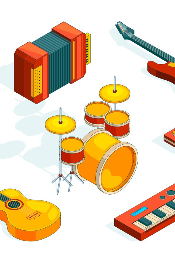 Musical instruments. Isometric pictures set of various color