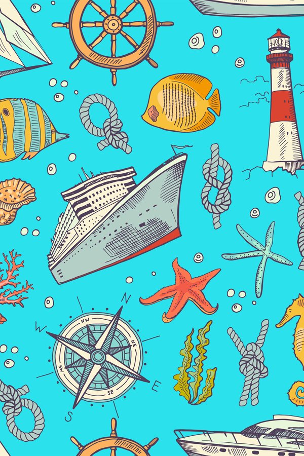 Vector colored sketched sea elements pattern or background