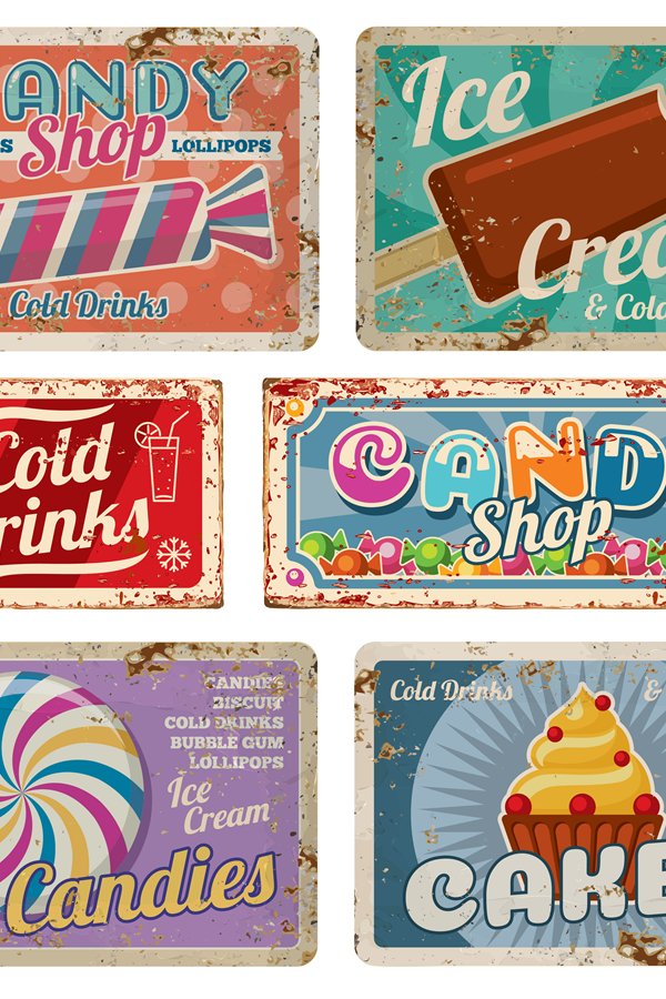 Vintage candy shop metal signs with rusty texture. Vector se
