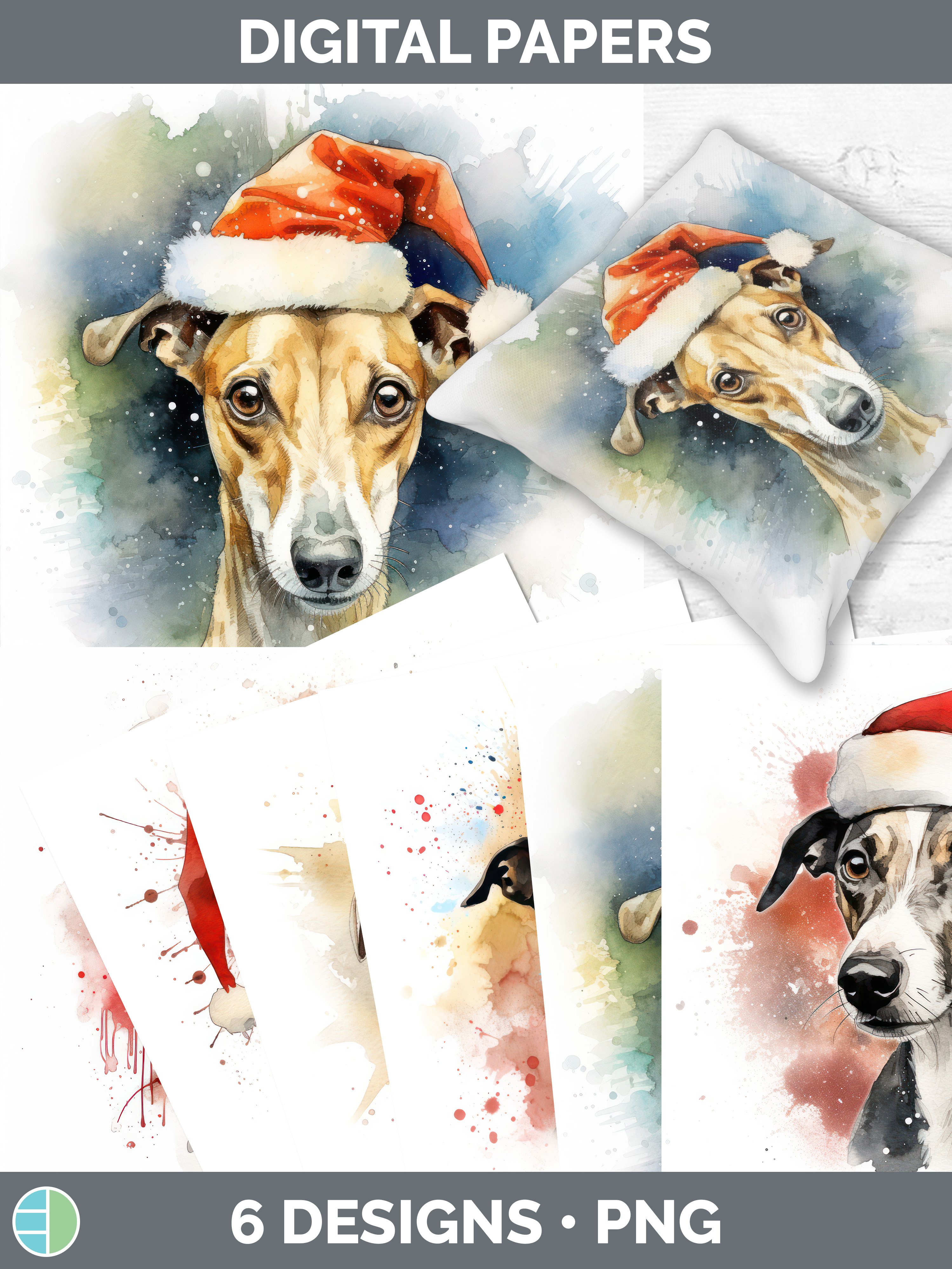Christmas Santa Hat Whippet Dog Paper Backgrounds | Digital
