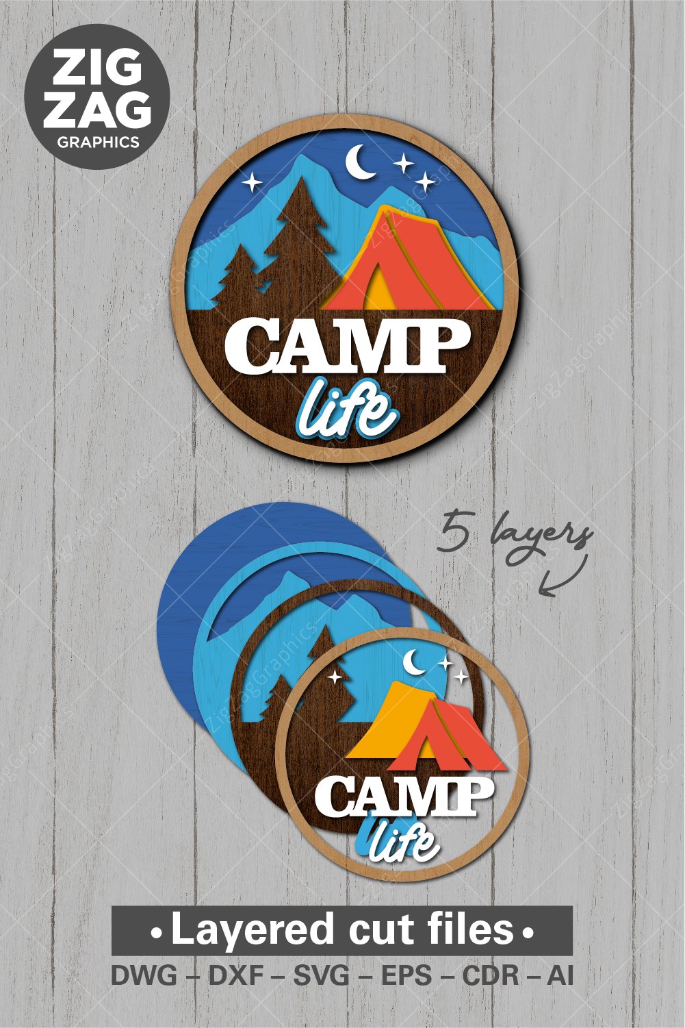 Round sign with camping mountains and lettering camp life