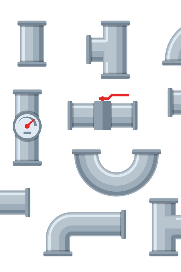 Flat water pipes. Different types of plastic piping tube wit