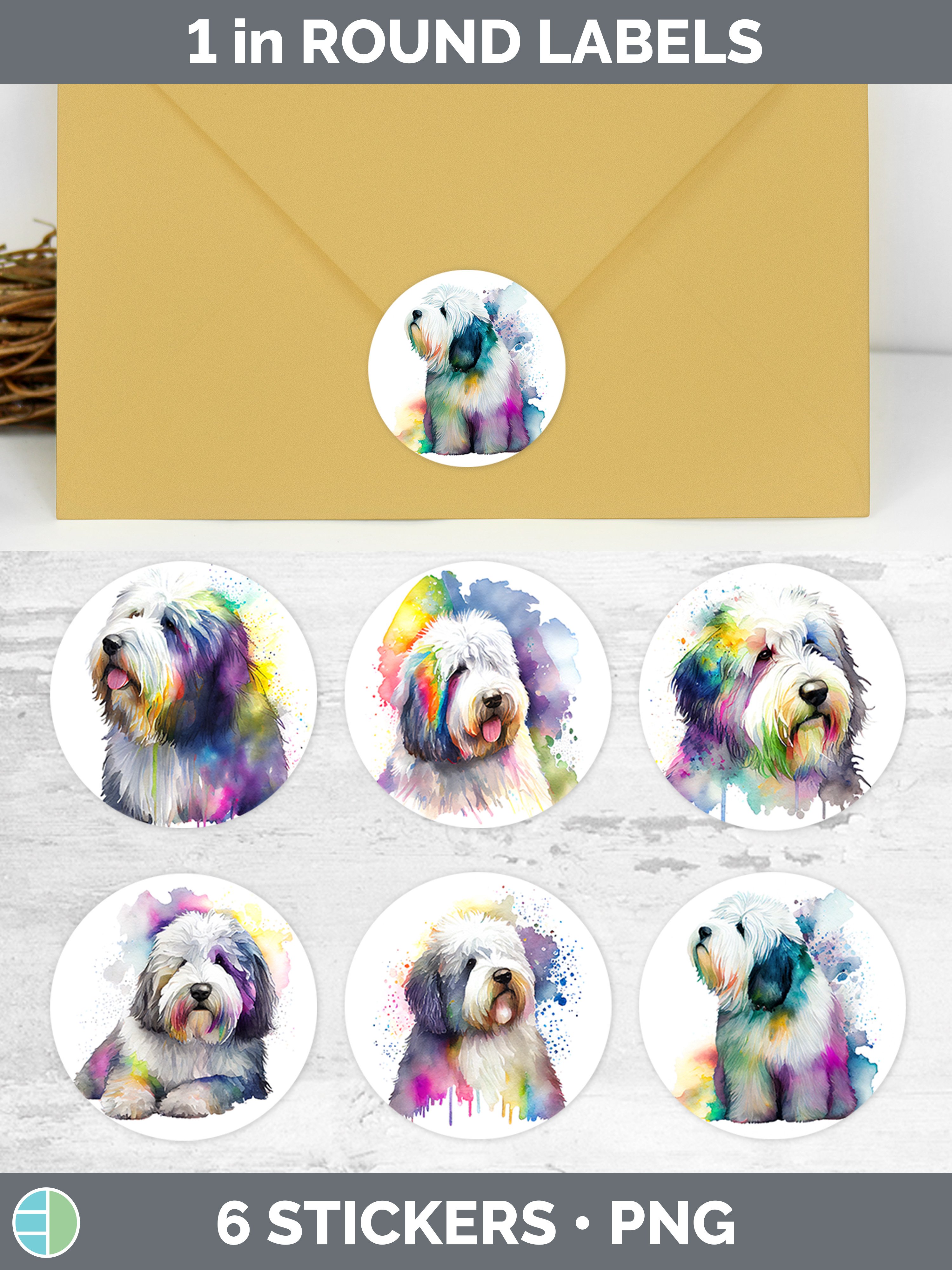 Rainbow Sheepdog Stickers | Round Labels Designs Bundle