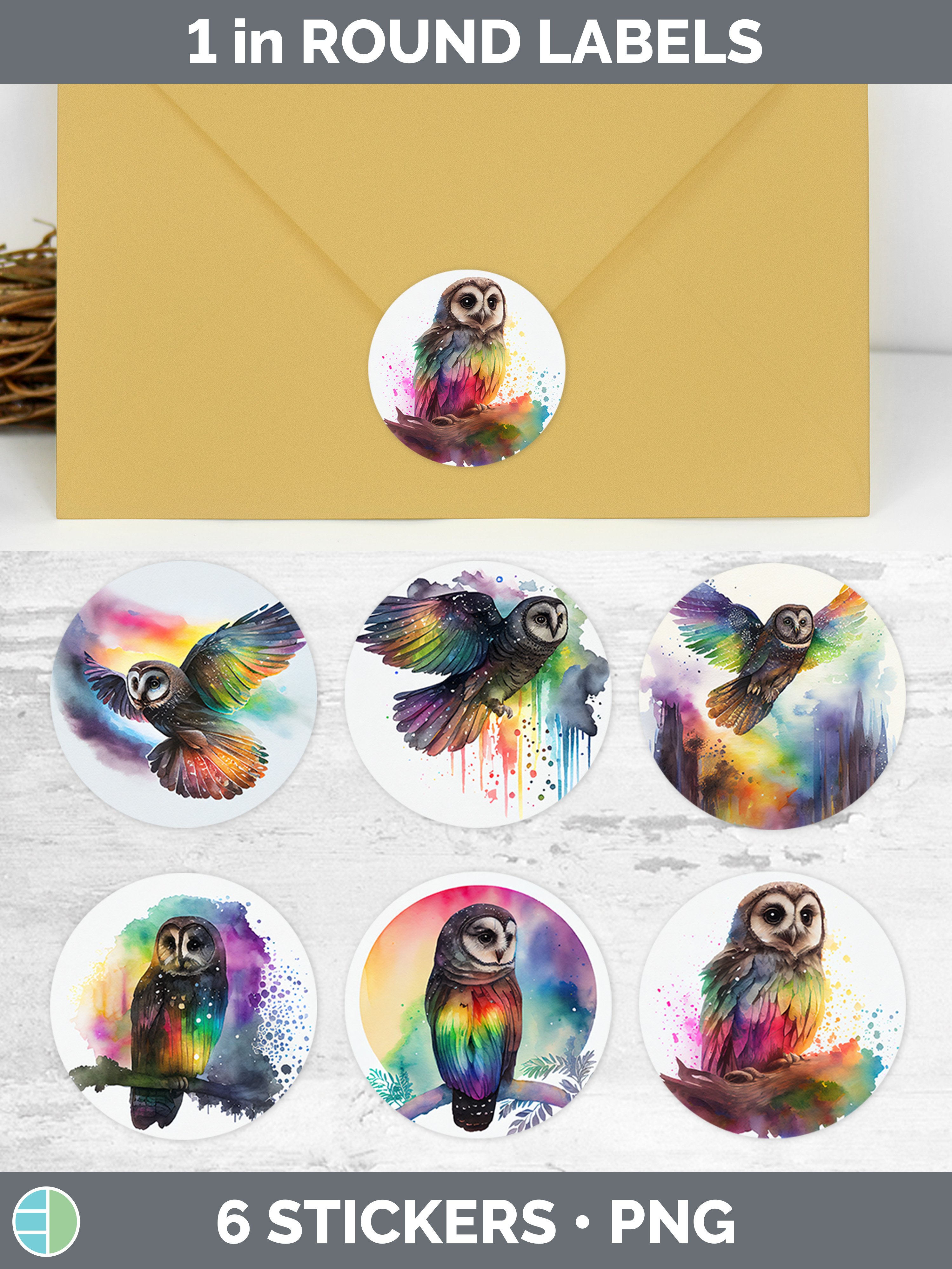 Rainbow Sooty Owl Stickers | Round Labels Designs Bundle