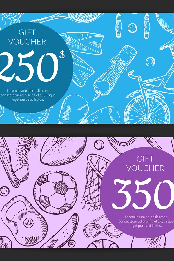 Vector hand drawn sports equipment gift card