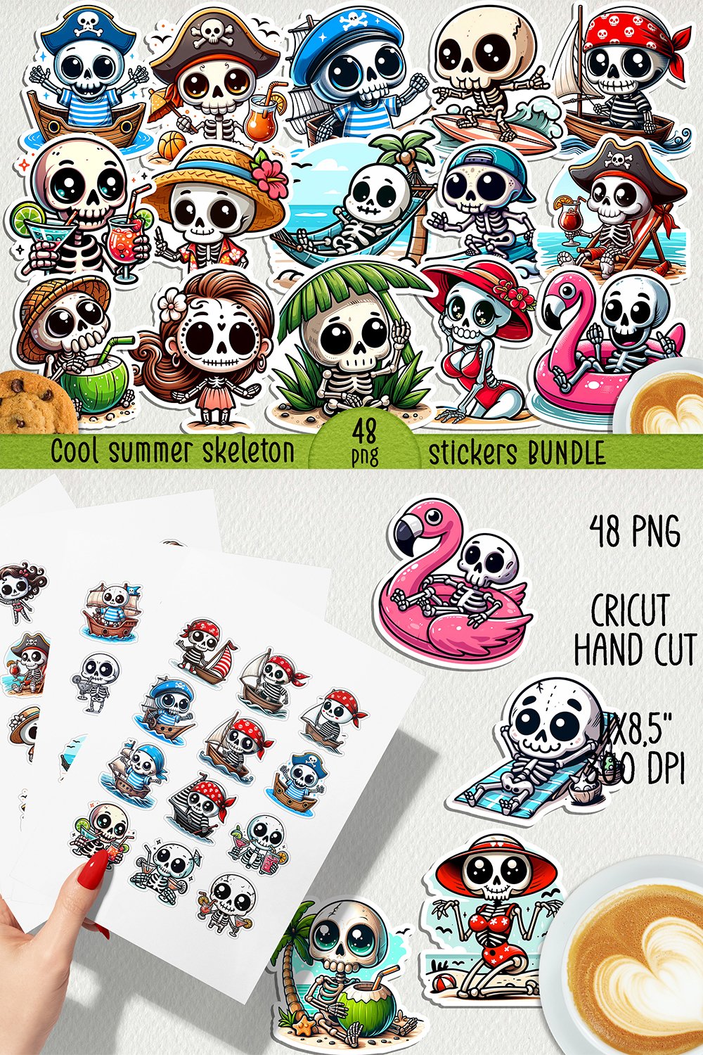 Cool summer Skeleton stickers BUNDLE. PNG, JPG.