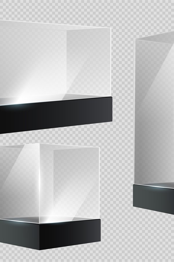 Glass cube. Transparent plastic showcase, empty retail or mu
