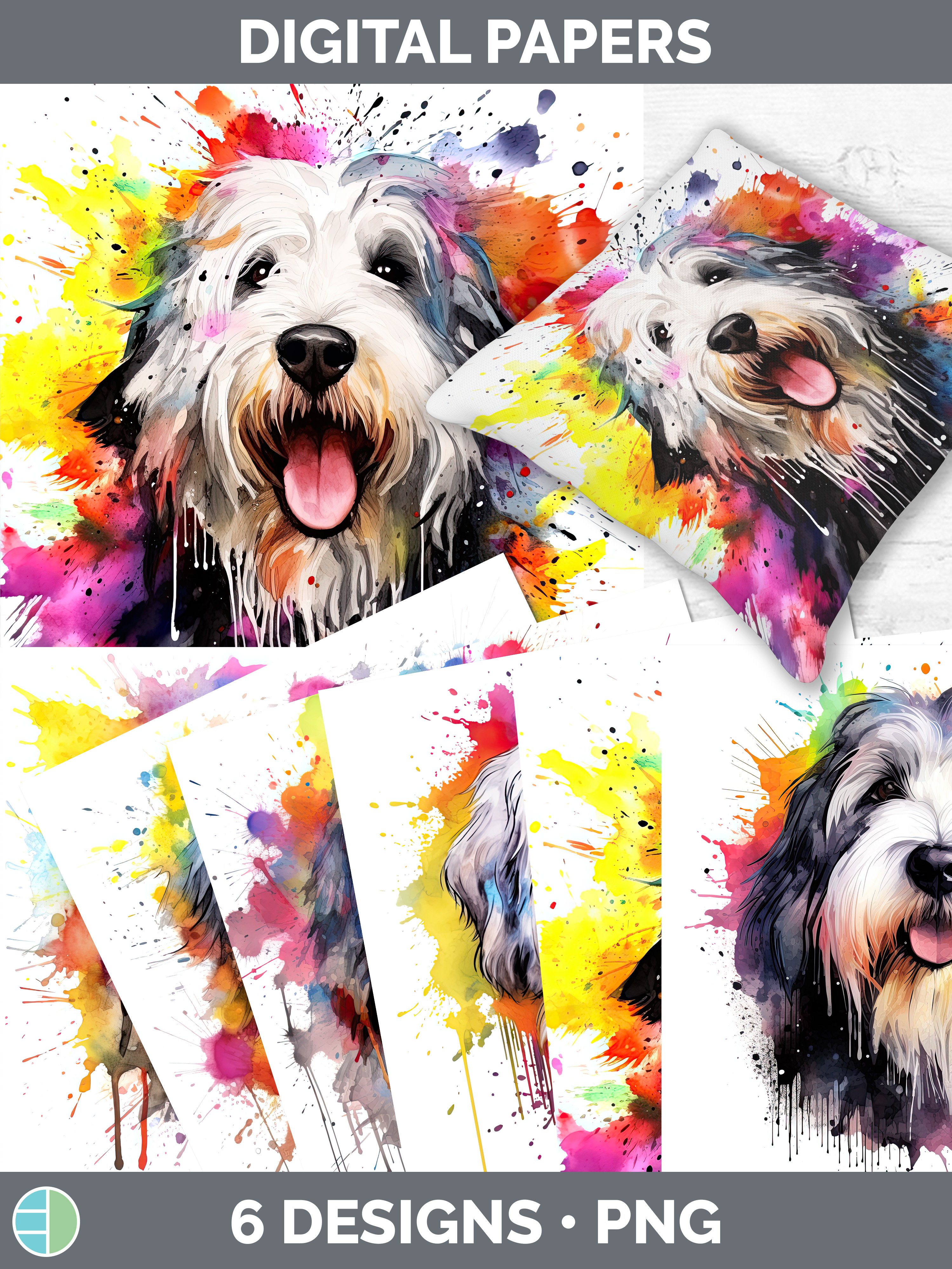 Splat Rainbow Sheepdog Dog Paper Backgrounds | Digital Scrap