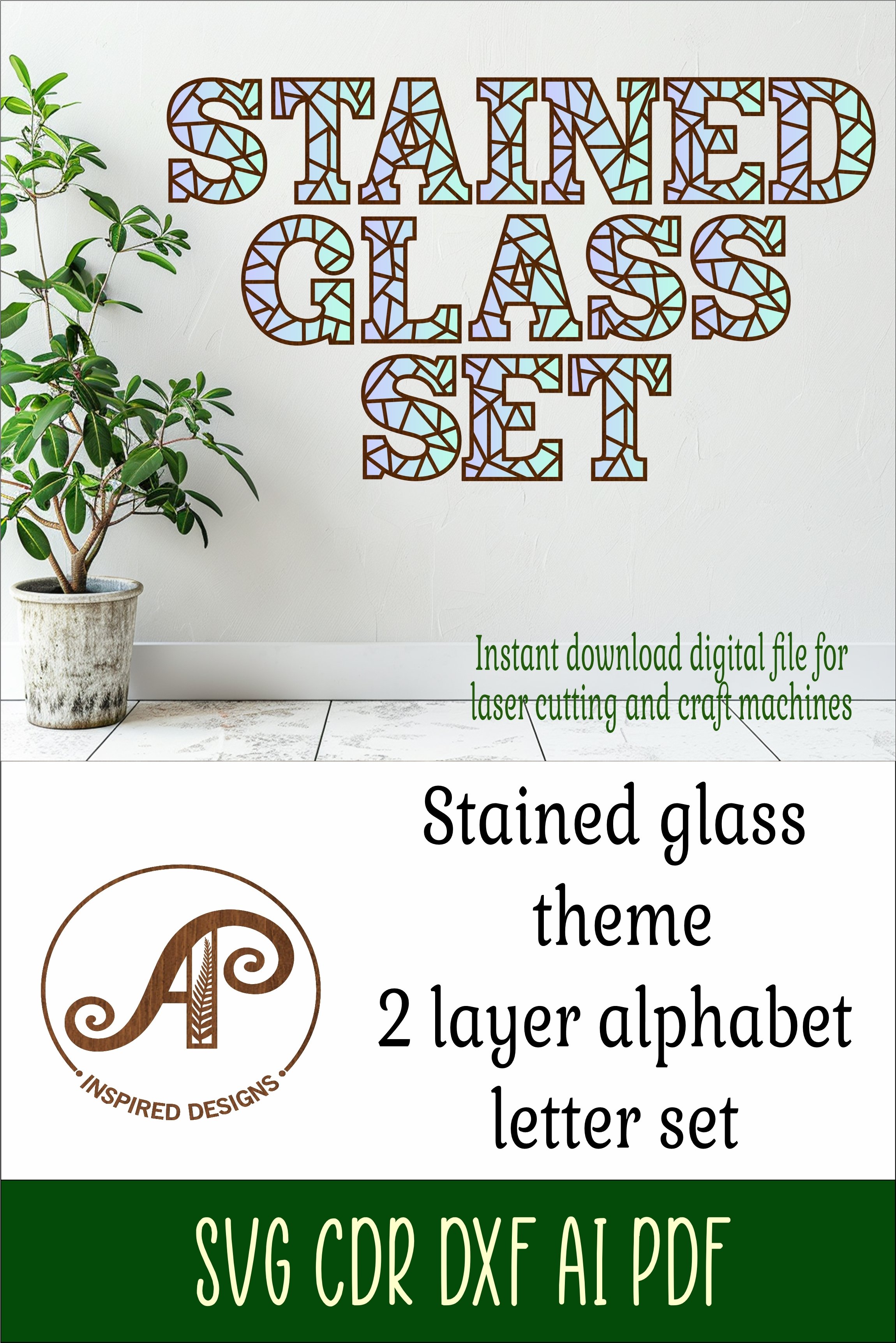 Stained glass alphabet set. 2 layer letters. 54 letters