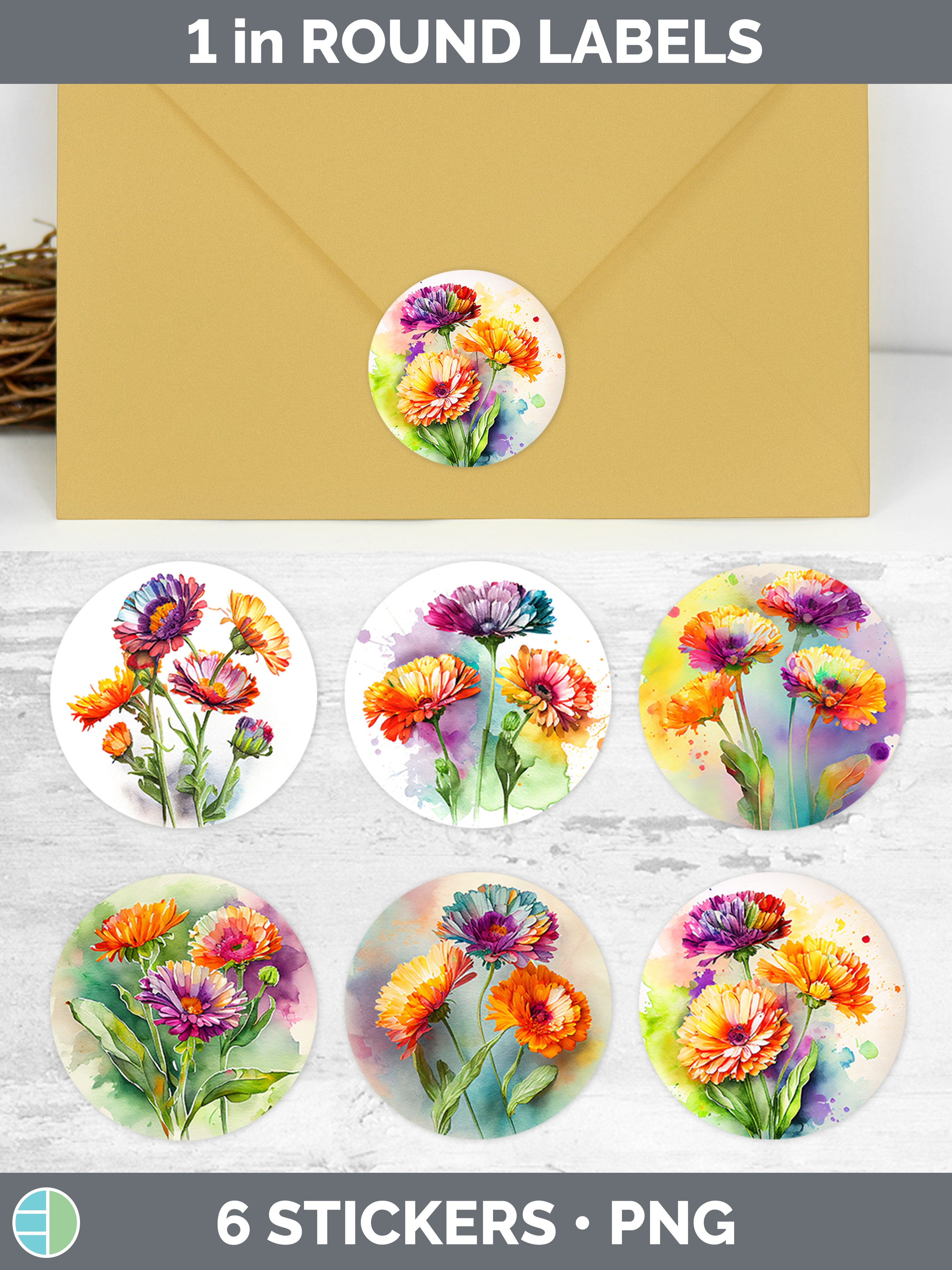 Rainbow Calendula Flowers Stickers | Round Labels Designs Bu