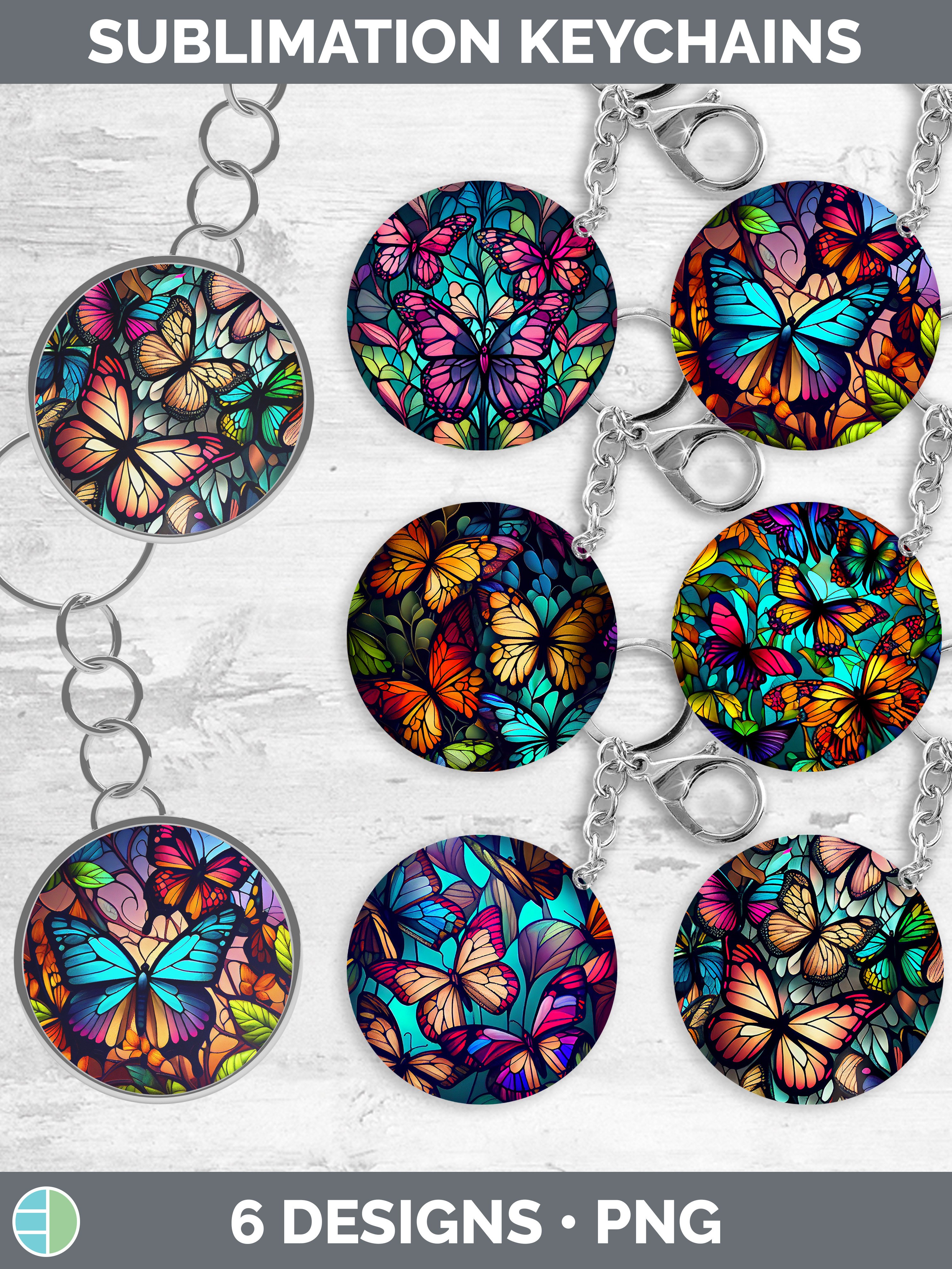 Stained Glass Butterflies Keychain | Sublimation Keyring Des