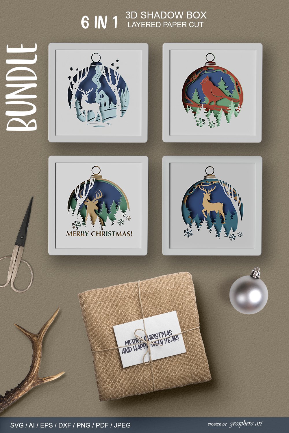 3D Merry Chrismas Layered papercut SVG BUNDLE Shadow box